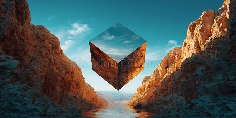 Surreal Landscape Cube in Canyon Digital Art Stunning Background Stock ...