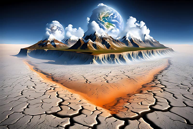 Surreal Landscape, Earth in the Clouds Above a Cracked Desert Stock ...