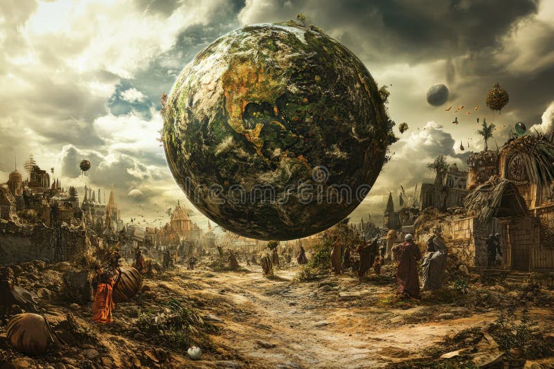 Surreal Landscape with Earth Floating Above a Post-apocalyptic ...