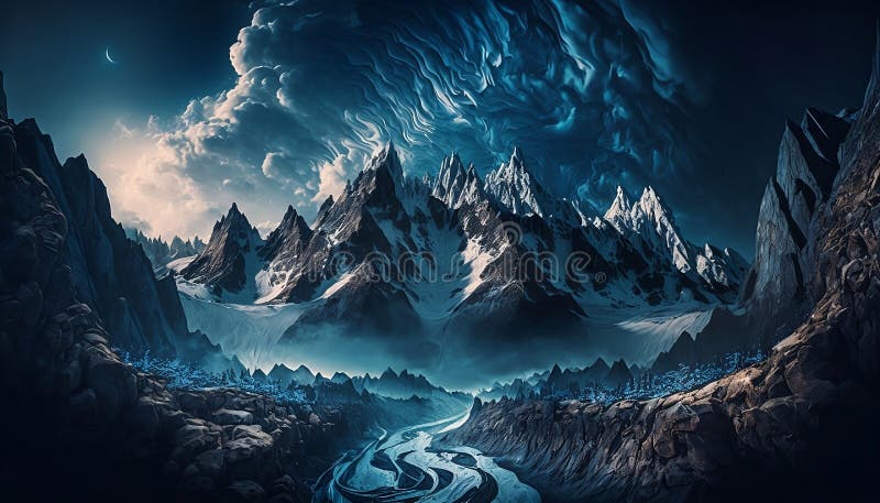 A Surreal Landscape of an Endlessly Stretching Mountain Range with ...