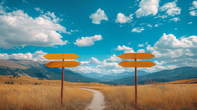 A Surreal Landscape Features a Forked Road with Signpost Arrows ...
