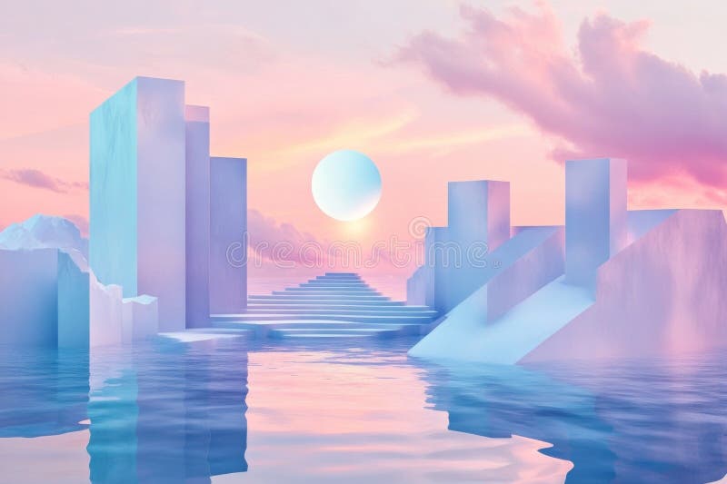 A Surreal Landscape Features Geometric Ice-like Structures Rising from ...