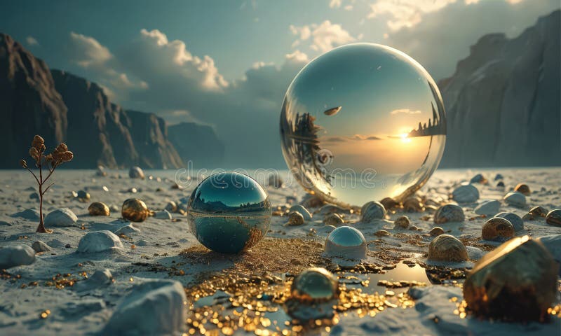 Surreal Landscape Features Large, Reflective Sphere Surrounded by ...
