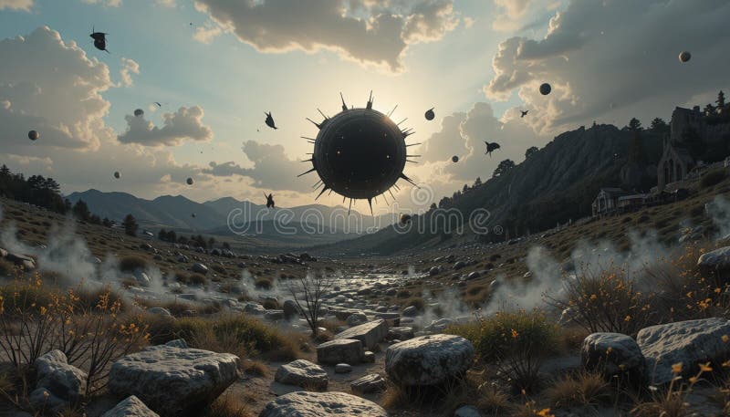 A Surreal Landscape Features a Massive, Black Spiky Sphere Hovering in ...