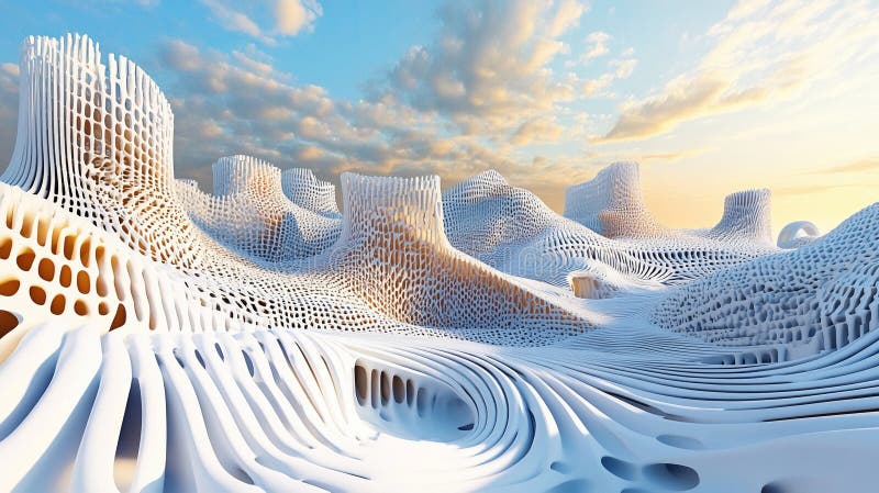Futuristic Landscape Showcasing Undulating White Forms Under a Bright ...