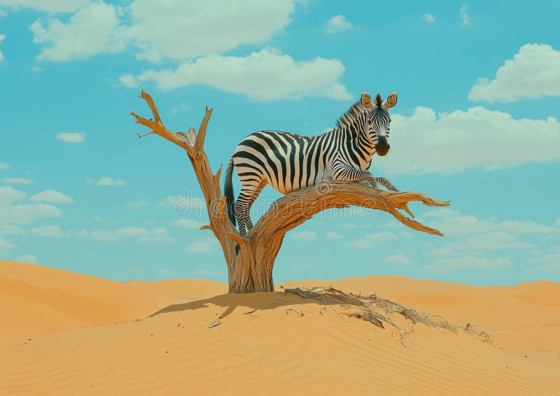 This Surreal Landscape Features a Zebra Standing on a Thin Branch of a ...