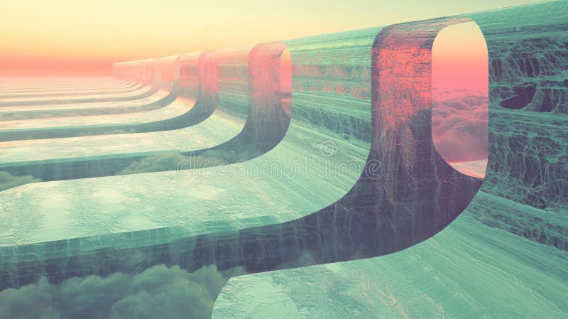 Abstract Futuristic Landscape: Serene Green Pathways Above Clouds at ...