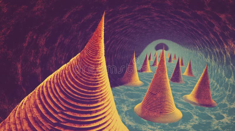 A Surreal Landscape Featuring Conical Structures Emerging from Water in ...