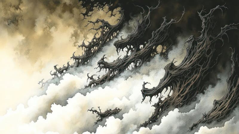 Surreal Landscape Featuring Dark, Twisted Forms Emerging from Billowing ...