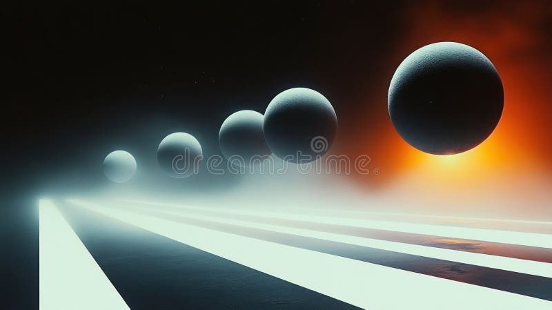 A Surreal Landscape Featuring Floating Spheres and a Glowing Horizon ...