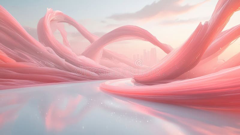 A Surreal Landscape Featuring Flowing, Pink Forms and a Serene Water ...