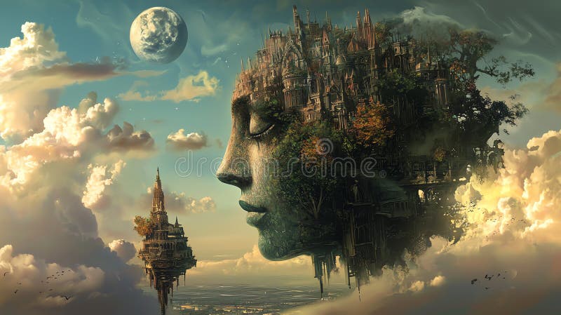Surreal Landscape Featuring a Giant Face and Ethereal Structures Stock ...