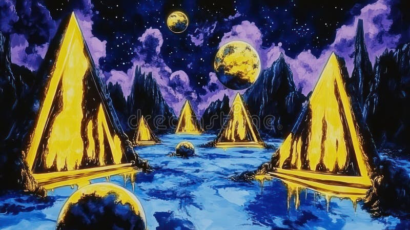 A Surreal Landscape Featuring Glowing Pyramids and Celestial Bodies in ...