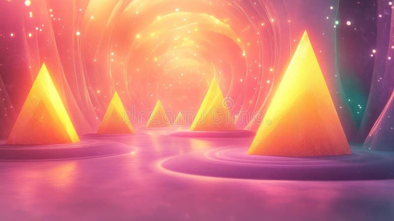 A Surreal Landscape Featuring Glowing Pyramids and Swirling Colors in a ...