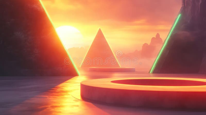 A Surreal Landscape Featuring Glowing Pyramids and a Vibrant Sunset ...