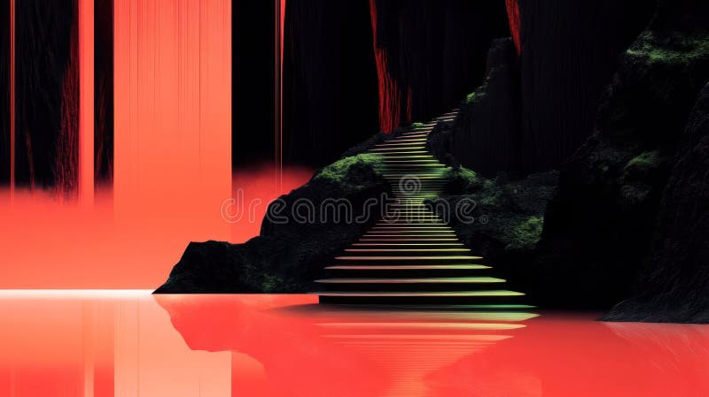 Surreal Stairway To a Red Lagoon in a Dark Fantasy Landscape Stock ...