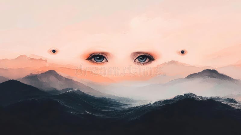 Surreal Landscape Featuring Large, Expressive Eyes Above Misty ...