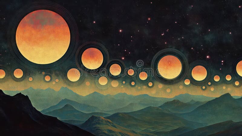 A Surreal Landscape Featuring Multiple Large Celestial Bodies Against a ...
