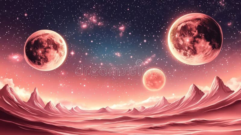 A Surreal Landscape Featuring Multiple Moons and a Starry Sky Over ...