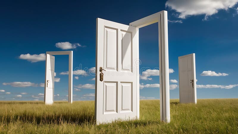 Surreal Landscape Featuring Mysterious Open Doors in Green Field Stock ...