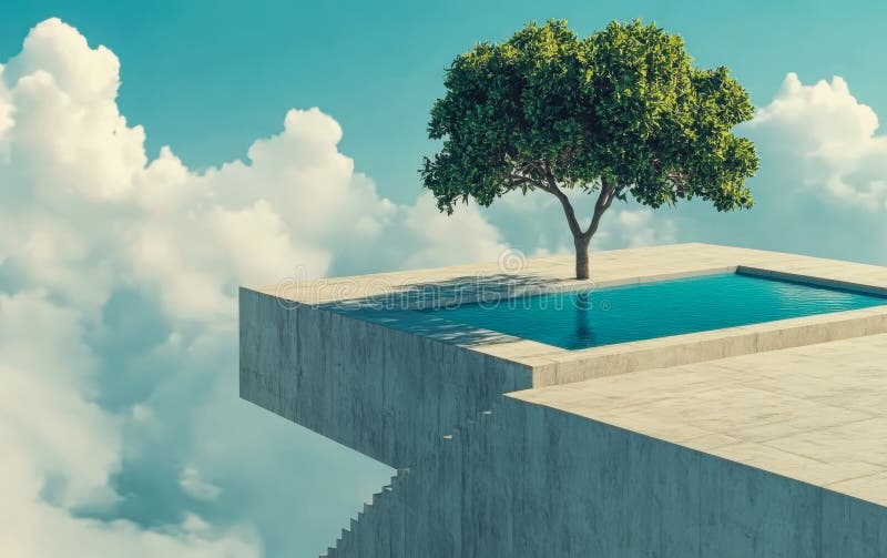 Surreal Landscape Featuring a Pool and a Lone Tree Amidst Fluffy Clouds ...