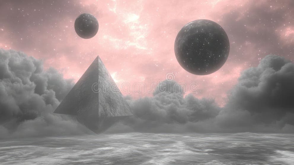 A Surreal Landscape Featuring a Pyramid and Celestial Bodies Amidst ...