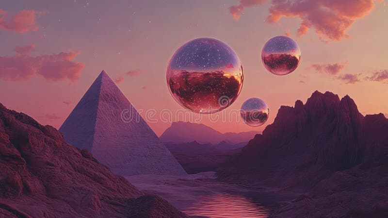 A Surreal Landscape Featuring a Pyramid and Floating Spheres Under a ...