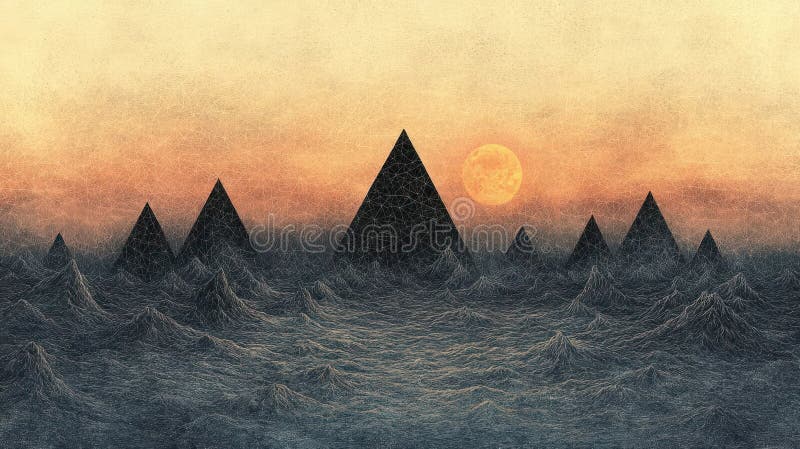 A Surreal Landscape Featuring Pyramids Against a Sunset Over Textured ...