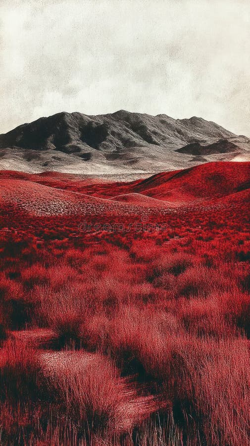 A Surreal Landscape Featuring Red Grass and a Distant Mountain Under a ...