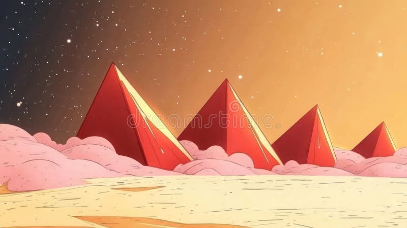 A Surreal Landscape Featuring Red Pyramids Set Against a Colorful Sky ...