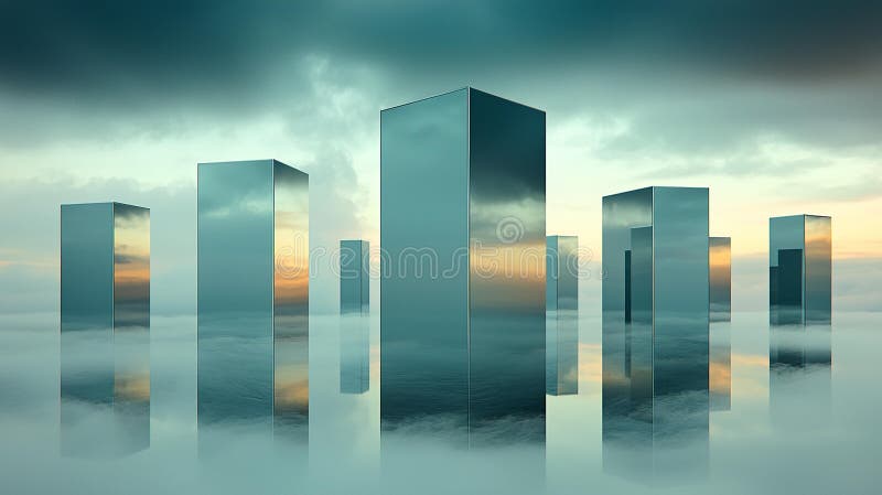 A Surreal Landscape Featuring Reflective Pillars in a Tranquil Setting ...