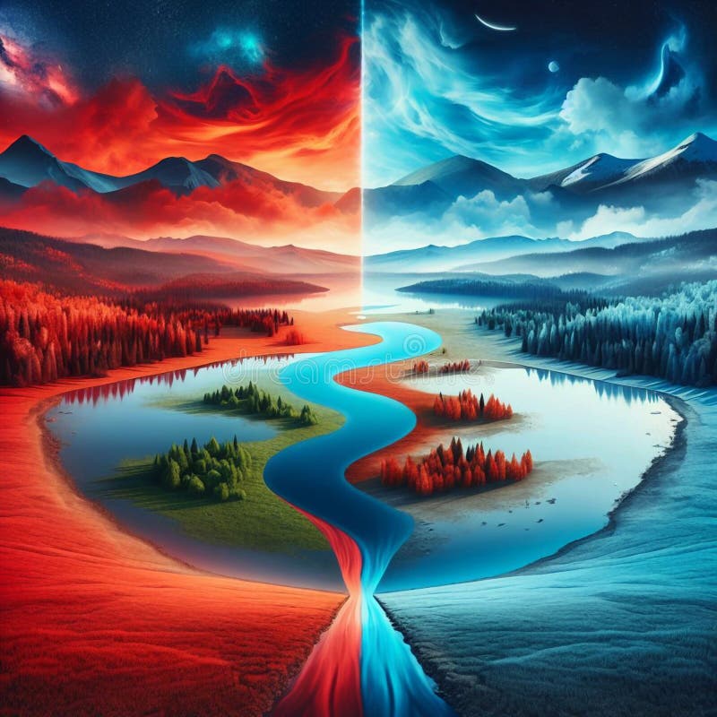 A Surreal Landscape with a River Dividing Two Contrasting Environments ...