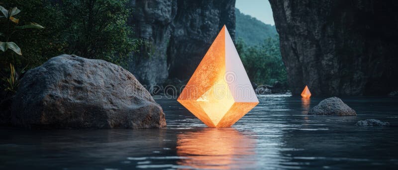 A Surreal Landscape Featuring a River, Rocks, and Glowing Orange and ...