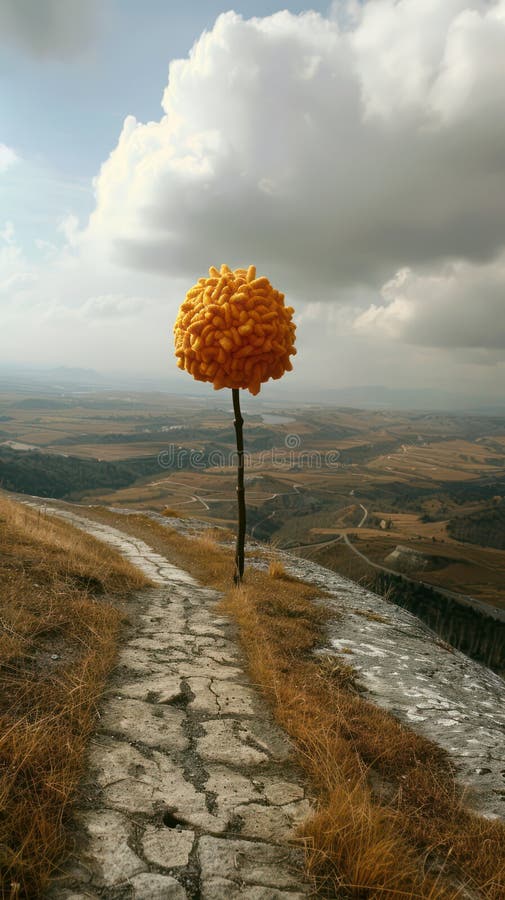 A Surreal Landscape Featuring a Single, Oversized Yellow Flower on a ...