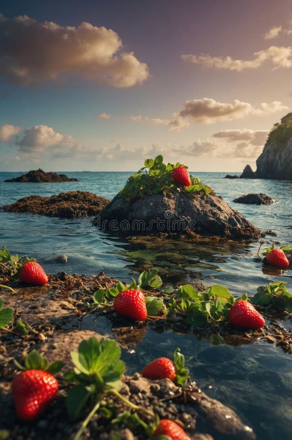 Secluded Beach Strawberries at Sunset Stock Illustration - Illustration ...