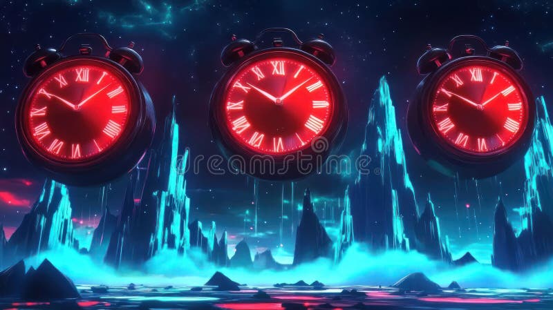 A Surreal Landscape Featuring Three Glowing Red Clocks Against a Cosmic ...