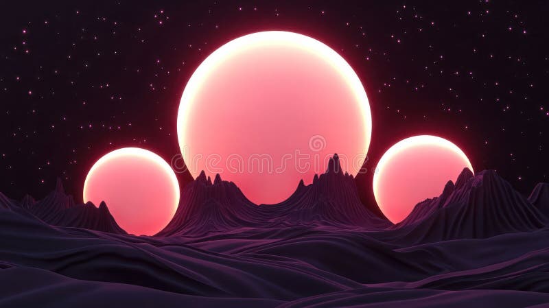 A Surreal Landscape Featuring Three Large Suns Setting Over Dark ...
