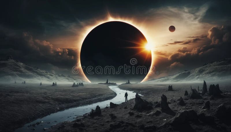 Surreal Landscape Featuring a Total Solar Eclipse in a Dramatic Sky. a ...