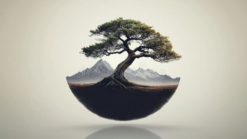 A Surreal Landscape Featuring a Tree Growing within a Spherical ...