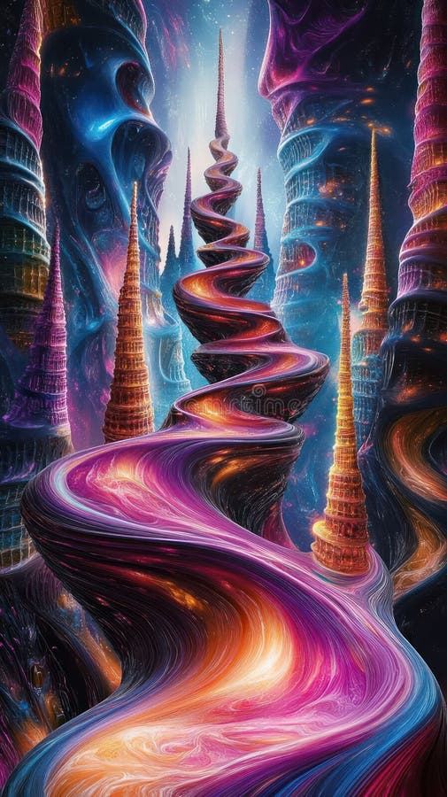 A Surreal Landscape Featuring Twisting Paths and Vibrant Spires in an ...