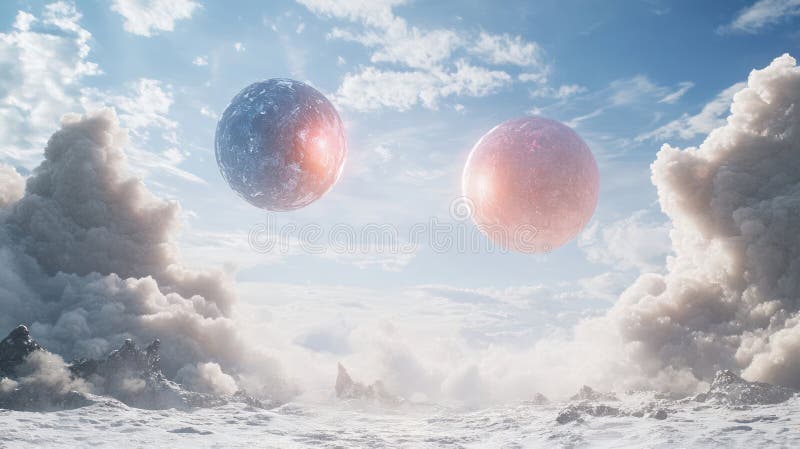 A Surreal Landscape Featuring Two Celestial Spheres Amidst Clouds and a ...