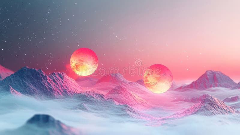 A Surreal Landscape Featuring Two Glowing Spheres Above Misty Mountains ...