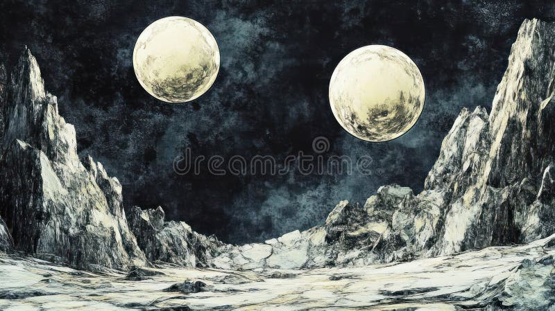 A Surreal Landscape Featuring Two Large Moons Above a Rocky Terrain ...