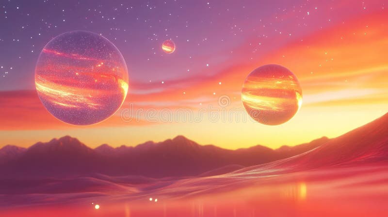 A Surreal Landscape Featuring Two Large Planets Against a Colorful ...
