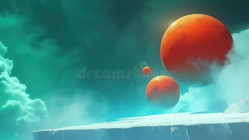 A Surreal Landscape Featuring Two Large Red Planets Against a Vibrant ...