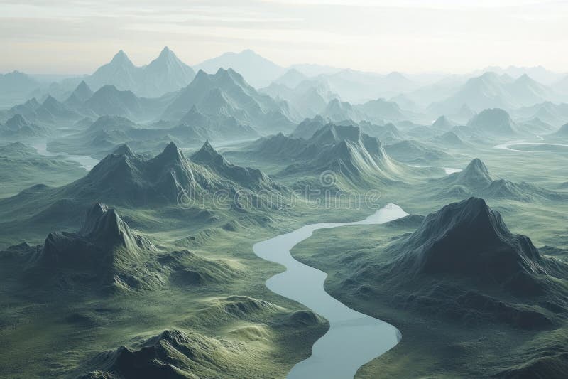 Surreal Landscape Featuring Vast Mountains and Flowing Rivers, Where ...