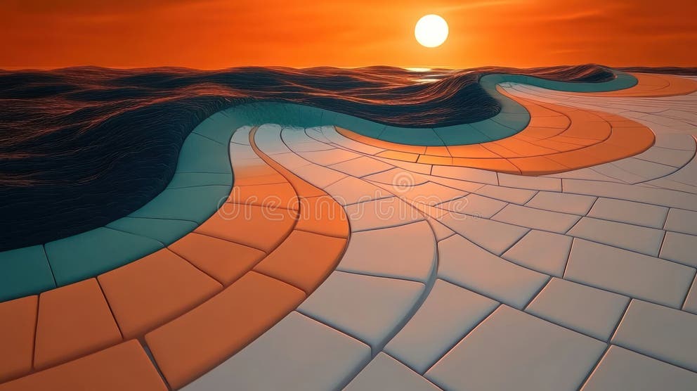 A Surreal Landscape Featuring Wavy Paths Under a Sunset, Blending ...