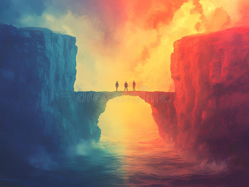 Surreal Landscape Figures on a Bridge between Blue and Red Cliffs Stock ...