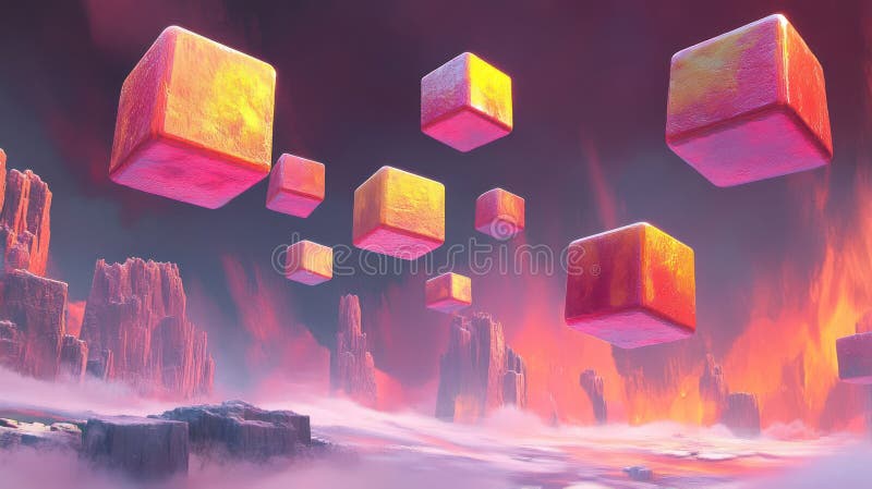 Surreal Landscape with Floating Cubes Above a Fiery Terrain and Mist ...