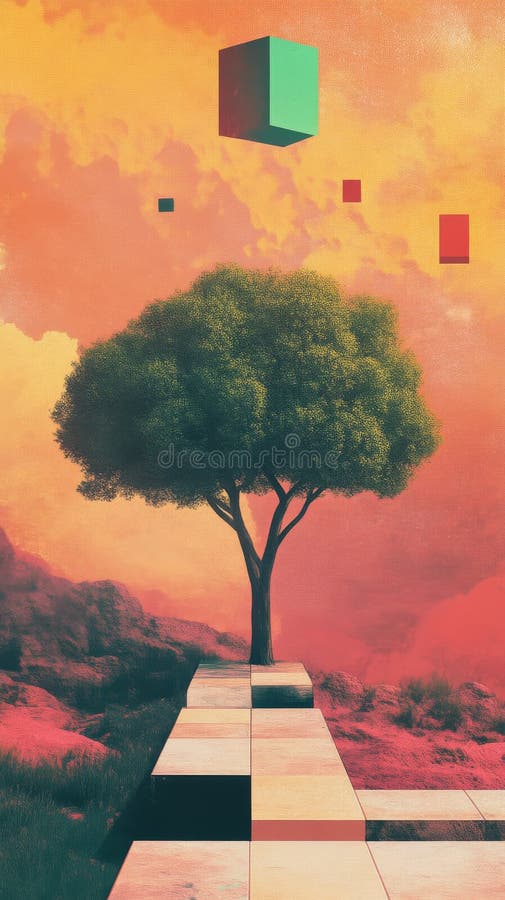 Surreal Landscape with Floating Cubes and Tree at Sunset Stock Photo ...